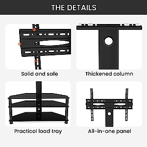 TV Floor Stand with Three Media Pallet Universal TV Stand Height Adjustment Visual Angle Rotation TV Mount Fit 32 inch to 70 inch TV Black Tempered Glass