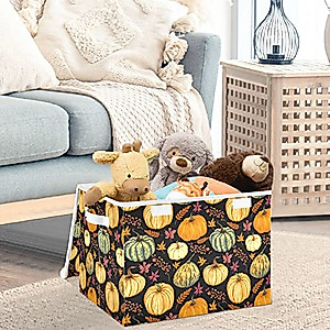CaTaKu Pumpkins Fall Leaves Storage Bins with Lids and Handles, Fabric Large Storage Container Cube Basket with Lid Decorative Storage Boxes for Organizing Clothes