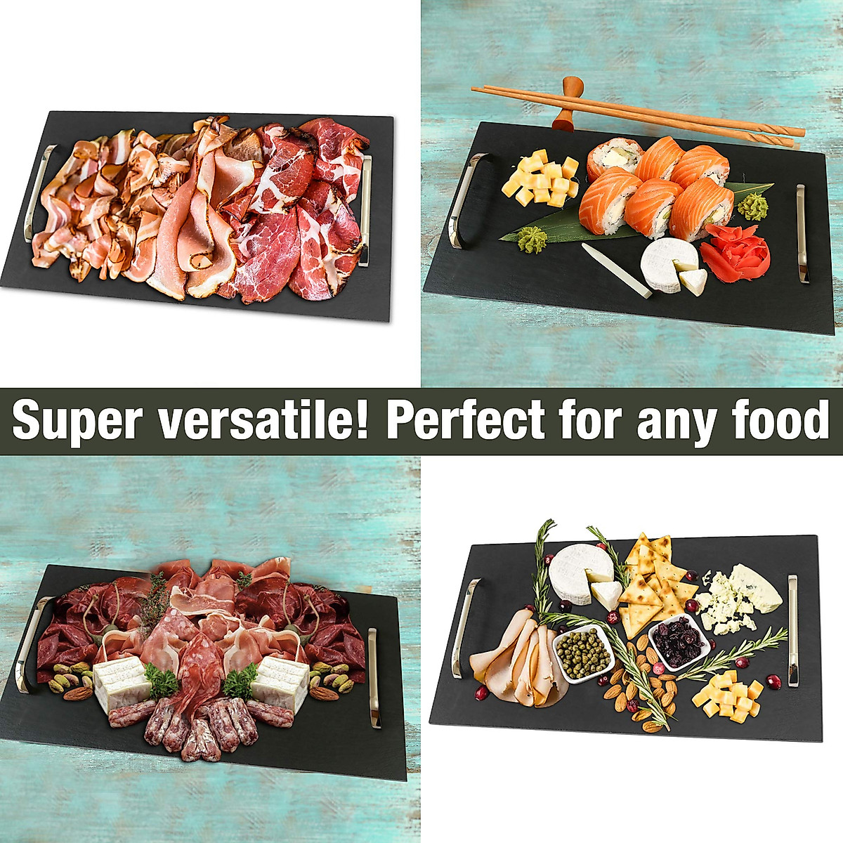 Olyv Branch Slate Cheese Board Set-10pc Serving Tray 16" x 10'' Large-Durable & Versatile Serving Tray Sealed with an Anti Stain Coating-Great for Home & Restaurant Cheese Tapas & Appetizers Serving