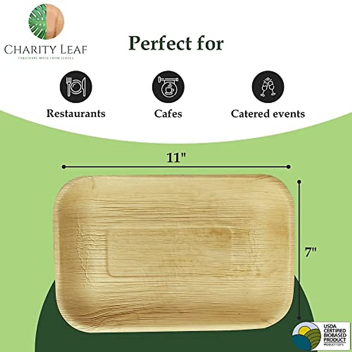 Charity Leaf Disposable Palm Leaf 11" x 7" Trays (25 Pieces) Bamboo Like Serving Platters, Disposable Boards, Eco-Friendly Dinnerware for Weddings, Catering, Events
