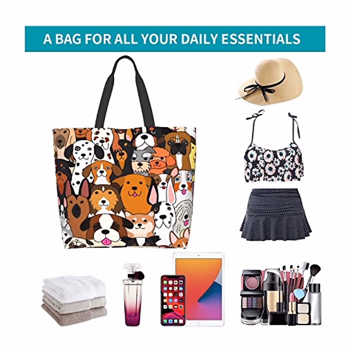 DADABULIU Large Tote Bag Doodle Funny Dog Childish Reusable Grocery Bag With Inner Pocket Shoulder Bags For Women Girl Travel Beach Shopping Work School