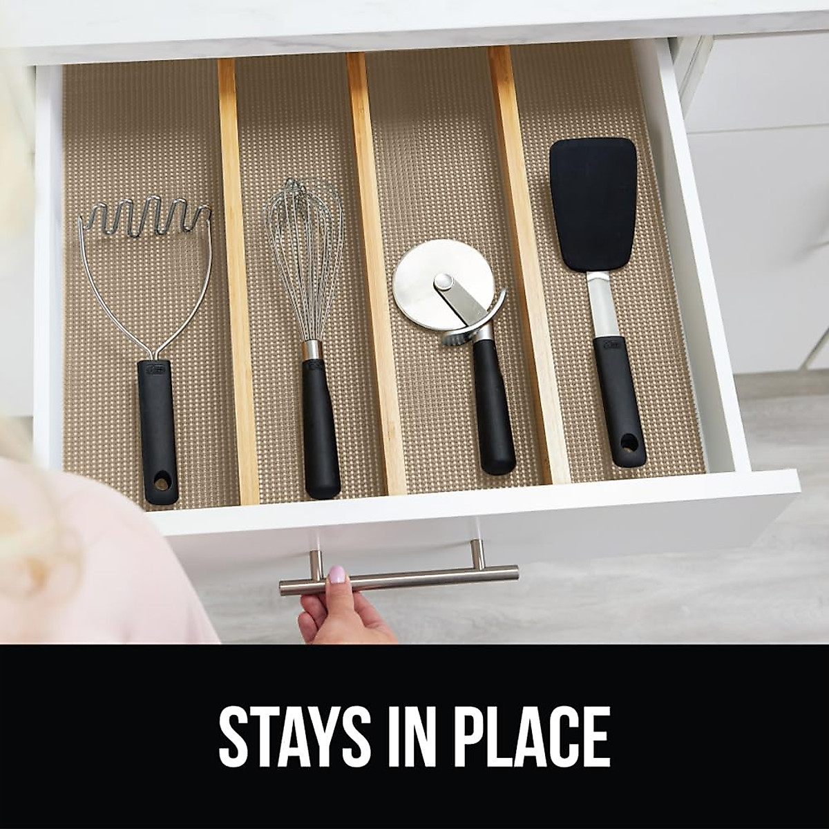 Gorilla Grip Drawer and Shelf Liner, Strong Grip, Non Adhesive Easiest Install Mat, 12 in x 20 FT, Durable Organization Liners, Kitchen Cabinets Drawers Cupboards, Bathroom Storage Shelves, Beige