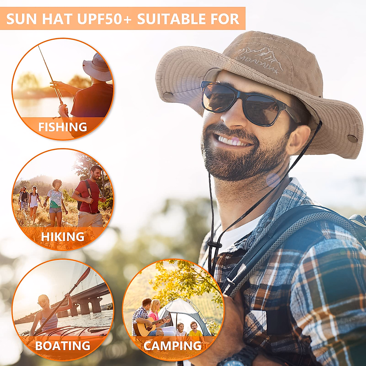 Obling Sun Hat, Fishing Hat UPF 50 Wide Brim Bucket Hat Safari Boonie Hat B-Khaki