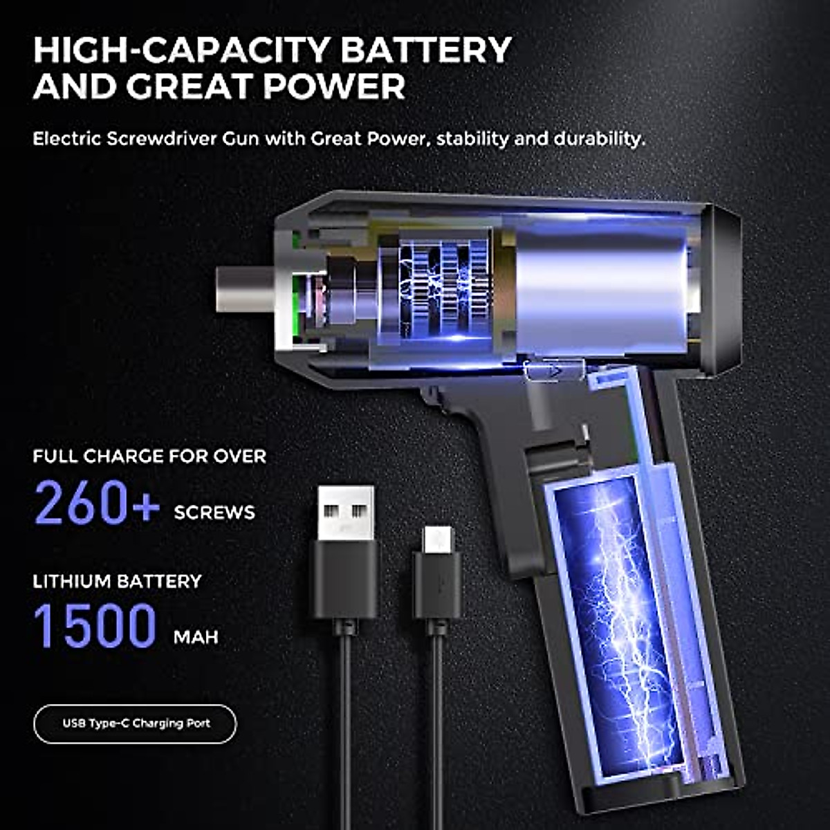 Electric Screwdriver Cordless, 3.6V Cordless Electric Screwdriver with 42pcs Screwdriver Bits, USB-C Charging & LED Light, 1500mAH Li-ion and Storage Bag, Power Screwdriver for Home and Professional
