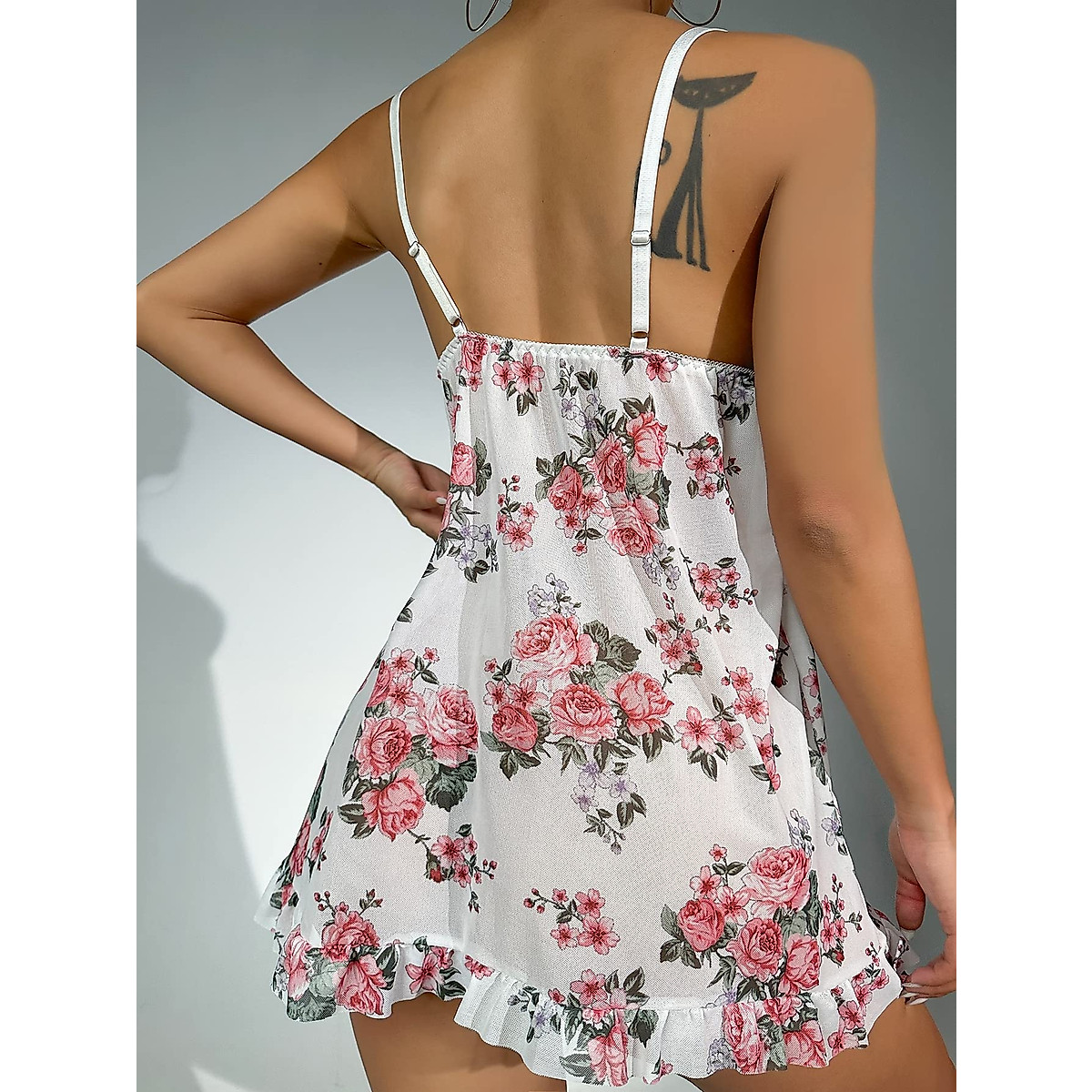 SweatyRocks Women's Sleepwear Sexy Babydoll Chemise Nightgown Lace Trim Floral Lingerie Dress White S