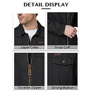 WenVen Men's Casual Cotton Jacket Canvas Military Field Jacket (B-Black,M)