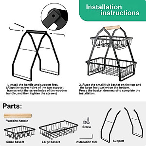 ZUOVAOV 2 Tier Countertop Fruit Basket, Removable Metal Rectangular Wire Basket, Black Vegetable Bread Basket Storage Rack, Kitchen Table Top Fruit Bowl (Black)