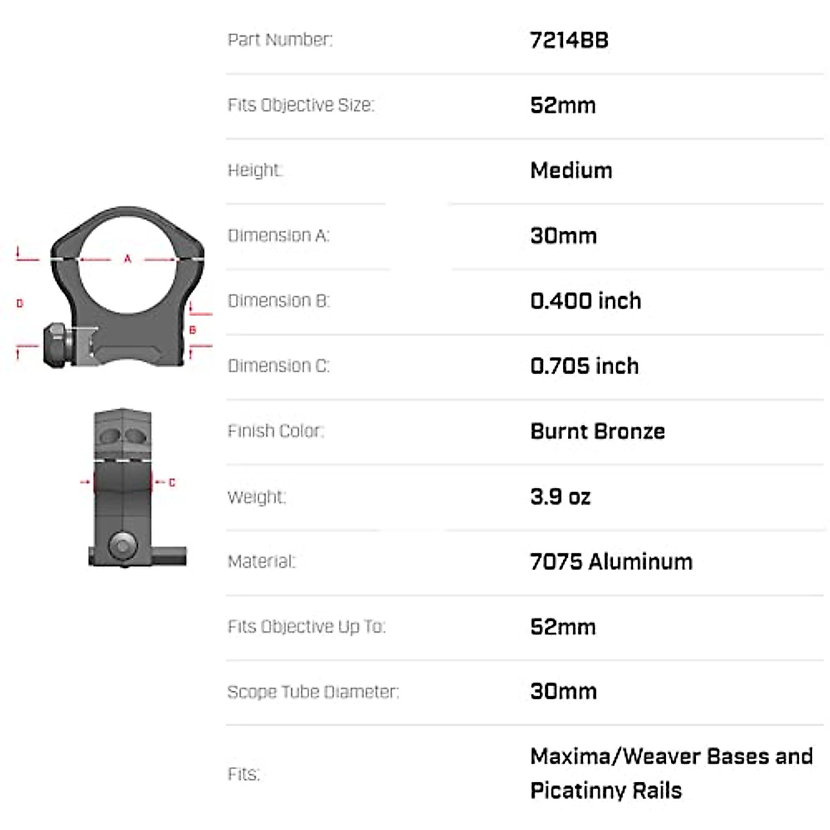 WARNE 7214BB Mountain Tech Scope Mounts, 7075/T6 Aluminium, Fits Picatinny Rails, 30mm Scope Rings, Medium Burnt Bronze