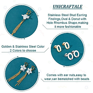 UNICRAFTALE 56 Pcs 2 Colors 2 Styles Stainless Steel Stud Earring Findings Oval Hollow Round Stud Earrings with Hole and Earring Backs Hypoallergenic Post Earring for Jewellery Making