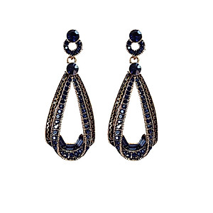 Antique Gold Bronze Tone Art Deco Vintage Gatsby Flapper Style Dark Blue Sapphire Rhinestone Dangle Earrings