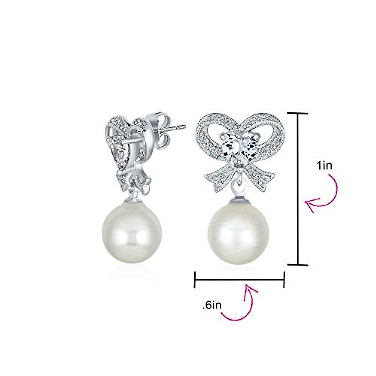 Victorian Style Cocktail Delicate Romantic Wedding Bridal Ribbon Cubic Zirconia White Simulated Pearl CZ Pave Bow Stud Drop Earrings For Women Silver Plated