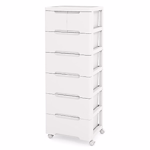 LOKO 7-Drawer Plastic Rolling Storage Cart, Mobile Storage Cabinet with 4 Universal Wheels, Vertical Storage Tower Container Unit for Living Room, Bedroom, Home Office, White (16”x13"x45” (7 Drawers))