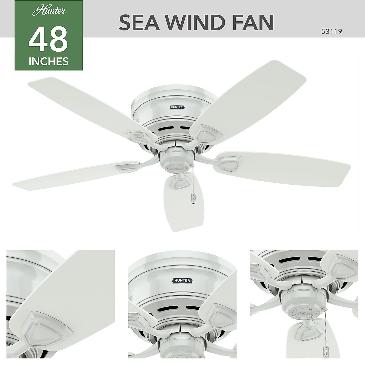 Hunter Fan Company, 53119, 48 inch Sea Wind White Low Profile Indoor / Outdoor Ceiling Fan and Pull Chain