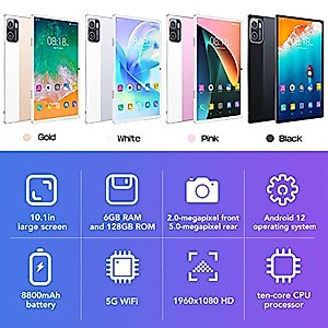 Call Tablet, 6GB 128GB 10.1 Inch Tablet 5G WiFi 100240V Black Paintable 10Core CPU Processor for Android12 (US Plug 110V Light Source)