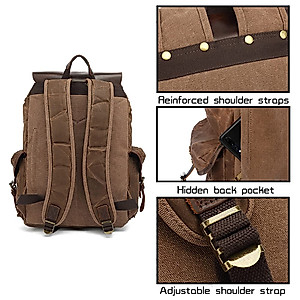 Jahomieo Vintage Leather Backpack for Men, Waxed Canvas Laptop Shoulder Rucksack for Travel Hiking