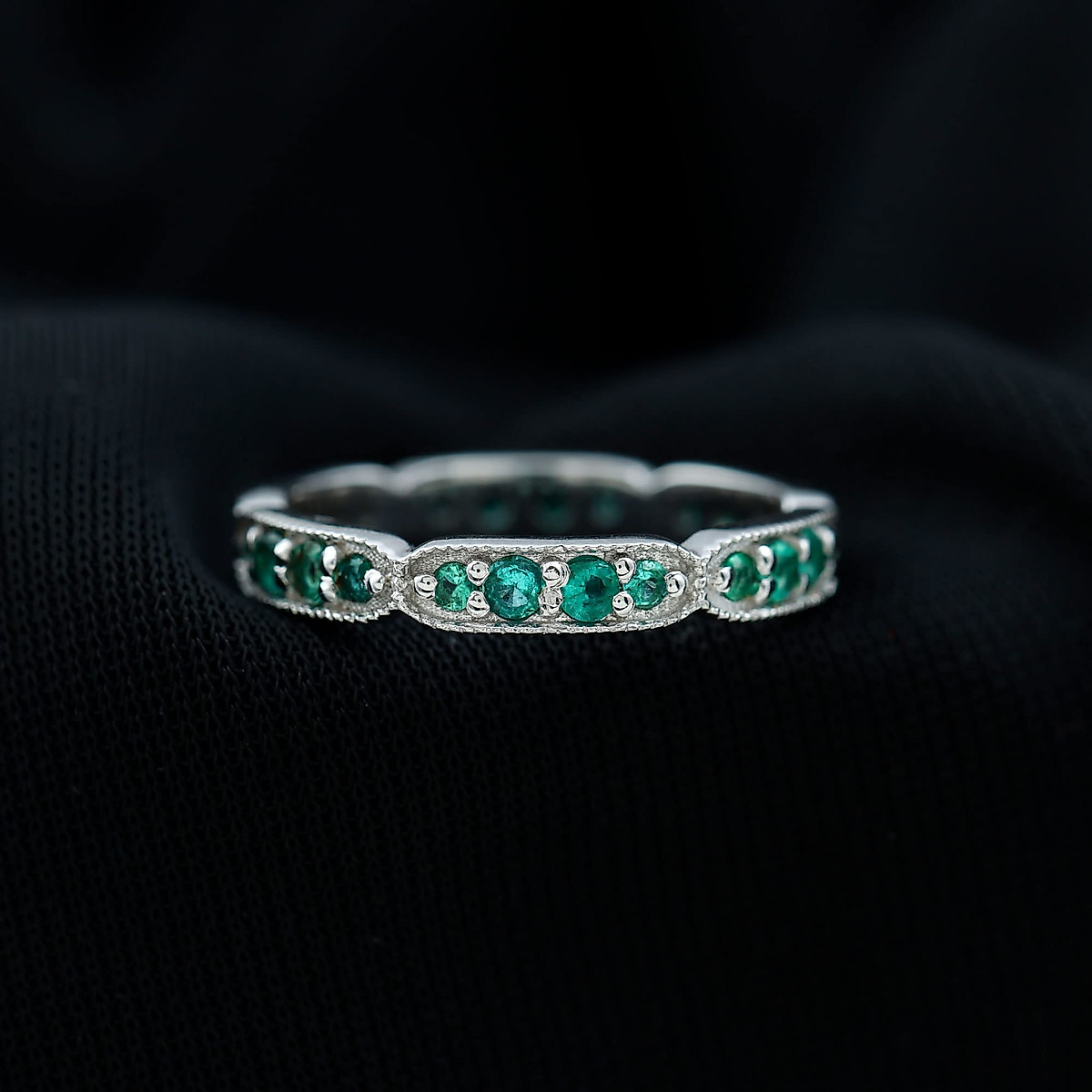 Real Emerald Eternity Milgrain Wedding Anniversary Band Ring for Women, 1.25 cttw, May Birthstone, 14K White Gold, Size:US 5.00