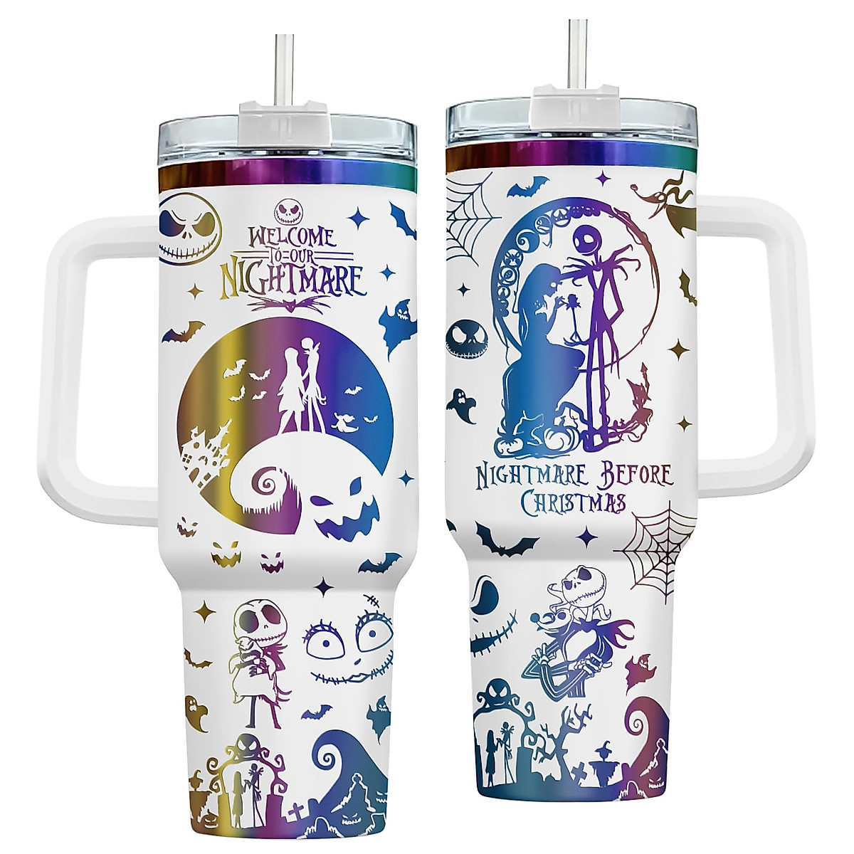 GEPOSTORE Birthday Gifts for Movie Lovers, Skeleton Couple 40oz Laser Tumbler with Handle, Spooky Movie Cup, Horror Movie Coffee Mug, Gifts for Christmas Halloween