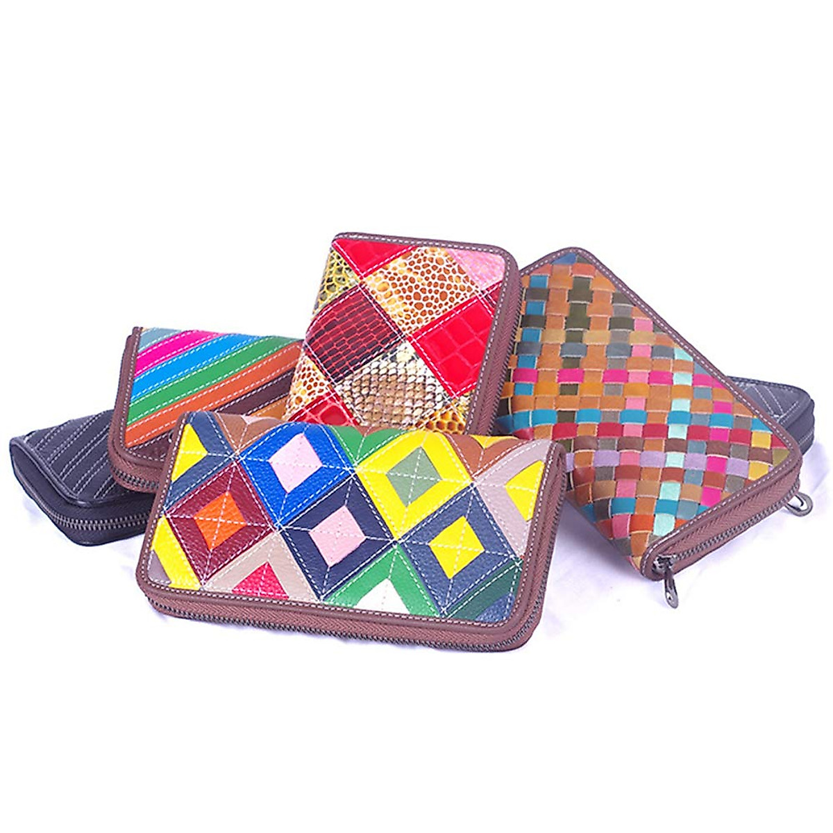 Segater® Women Multicolor Wallets Genuine Leather Colorful Splice Bag Card Holder Organizer Purses Zip Around Phone Clutch Large Long Purse