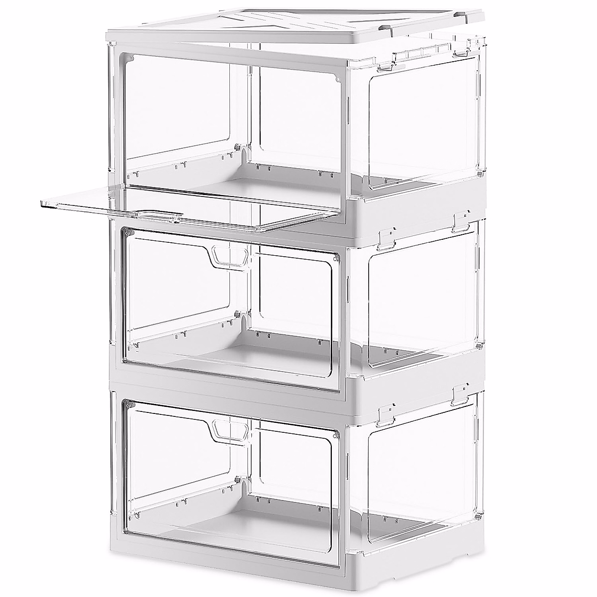 PRANDOM Stackable Clear Storage Bins with Lids,70 Qt Plastic Collapsible Organizer Containers Boxes with Doors for Closet Living Room Bedroom White 15x11.2x8.7 x 3-Pack