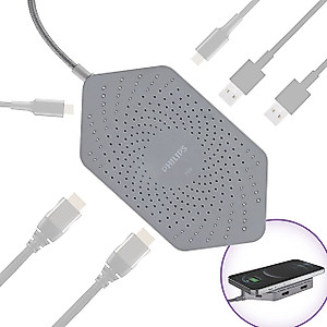 Philips Elite USB-C Travel Docking Station with Qi, 1 HDMI Port, 2 USB-A, SD Reader, Ethernet Port, DLK9121C/27