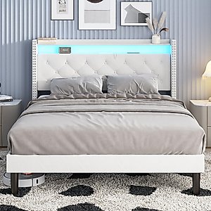Vabches Full Size Bed Frame with LED Headboard, Velvet Upholstered Platform Bed Frame with Lights and Charging Station, Wingback Storage Headboard and Type C & USB Ports, Wood Slats, White