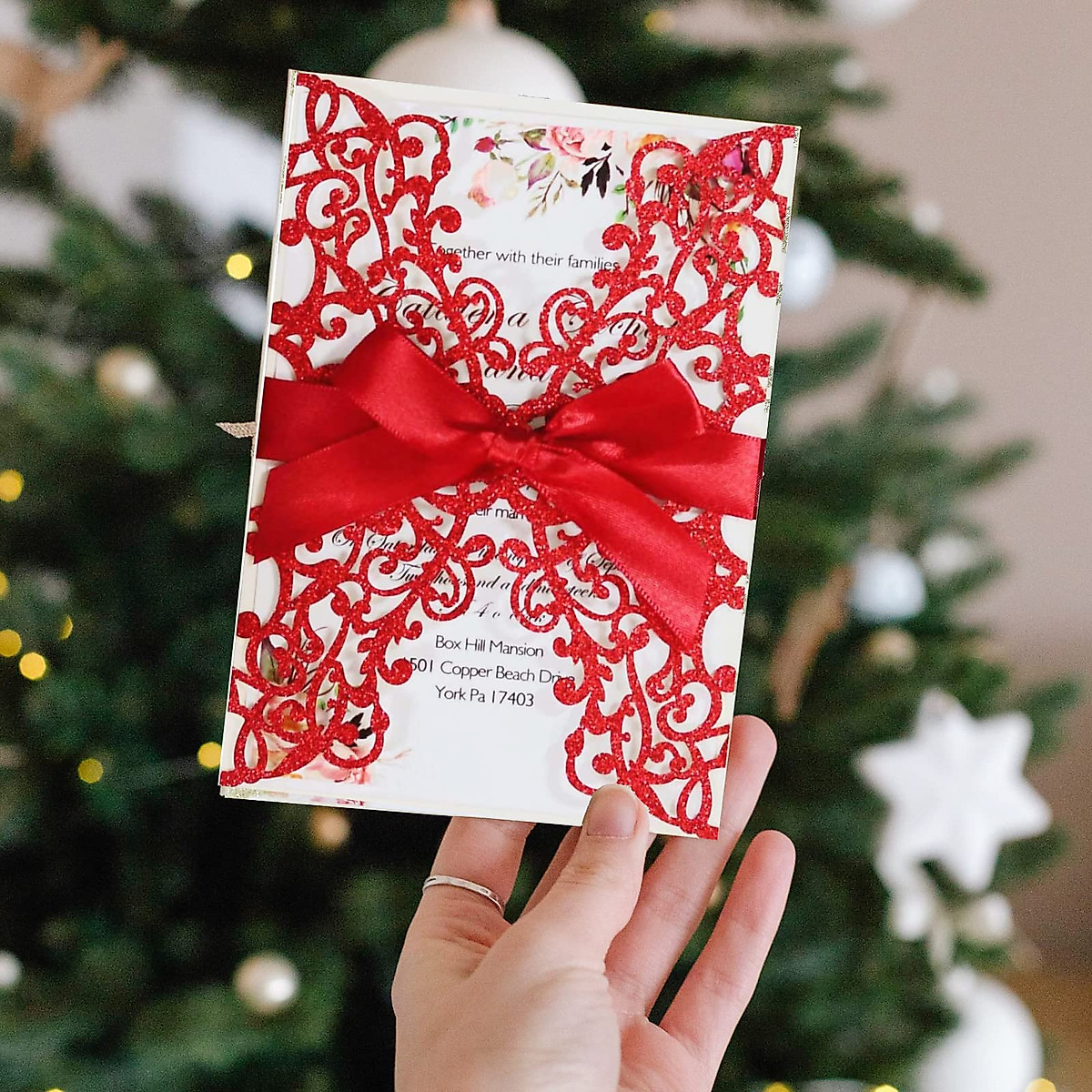 KALOPEZY 25PCS Wedding Invitation Red invitations Red Powder Floral Laser Cut with Blank Inner Sheet Envelopes and Ribbons for Wedding Engagement Bridal Bridal Shower Invite