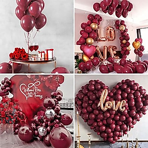 RUBFAC Burgundy Maroon Balloons Latex Party Balloons, 100pcs 12 Inches Wine Red Balloons for Party Decoration Valentine's Day, Birthday, Wedding, Baby Shower, Bride Party Decoration (with Red Ribbon)
