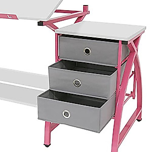 SD STUDIO DESIGNS 2 Piece Comet Center Plus, Craft Table and Matching Stool Set with Storage and Adjustable Top, 50" W x 23.75" D x 29.5" H, Pink/White