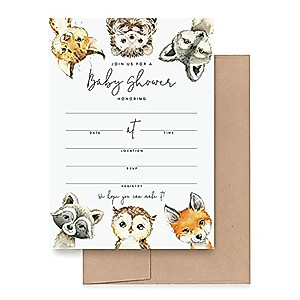 Bliss Collections 25 Baby Shower Invitations with Envelopes Woodland Animals, Forest Creatures, Fox, Owl, Racoon, Wolf, Hedgehog, Bobcat - Gender Neutral, 5x7 Cards