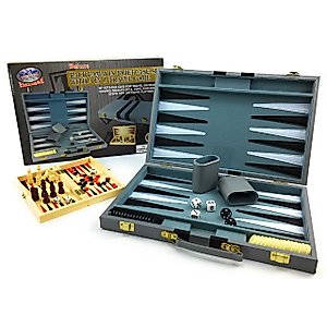 Matty's Toy Stop Deluxe 15" Backgammon Briefcase (Vinyl Gray Attache) with 3-in-1 Chess, Checkers & Backgammon Wooden Travel Games Set (8")