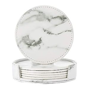 Leather Coasters for Drinks with Holder Set of 6, Coasters for Drinks,Marble and Waterproof Coasters Table Protective Non-Slip Pads, Round Cup Mat for Home and Kitchen