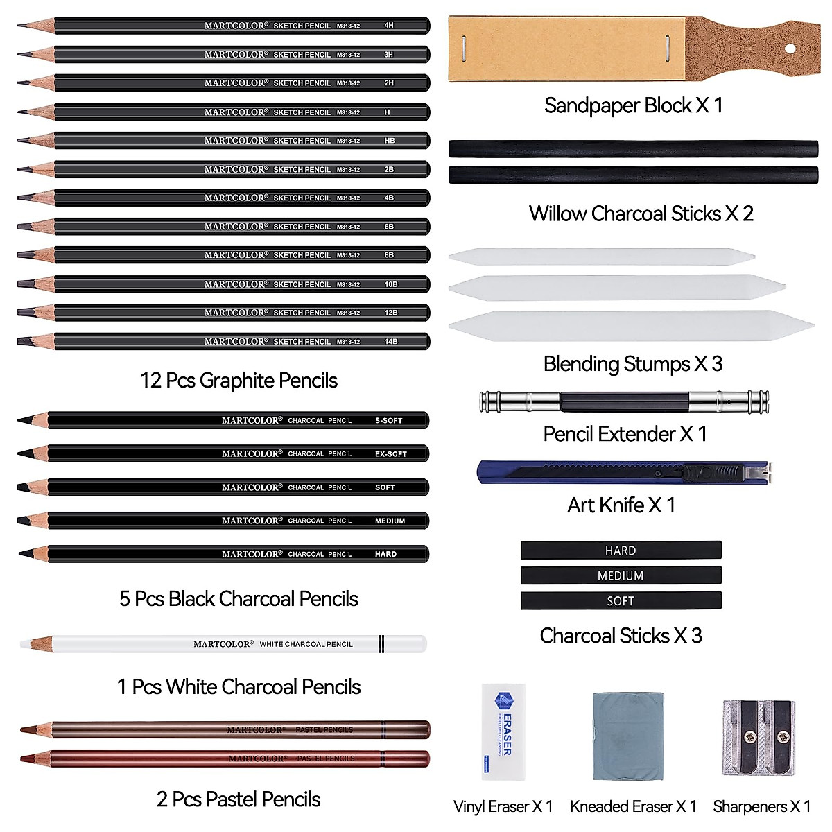 MARTCOLOR Drawing Sketching Pencils Set, 34 Pieces Pro Art Pencil Kit - Graphite Pencils (14B-4H), Charcoal Pencils, Charcoal Sticks, Artist Pencils for Beginners & Pro Artists