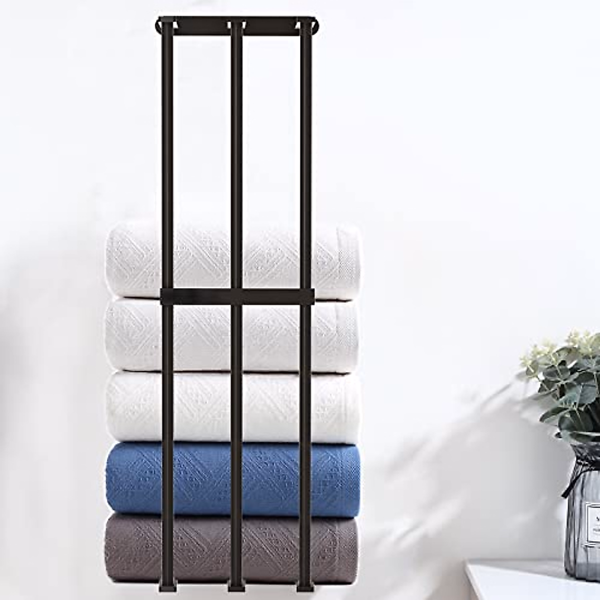 2022 Towel Rack for Bathroom, Bath Towels Storage Holder Wall Mounted, Modern Rolled Folded Towels Organizer, Bathroom Organization, Stainless Steel Metal Washcloths Towels Vertical Shelf (Black)