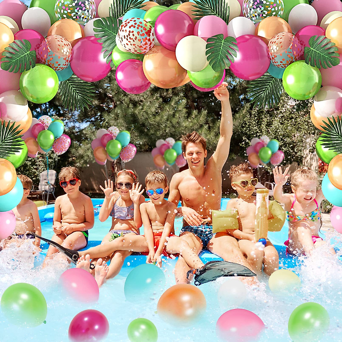 124Pcs Tropical Balloons Arch Garland Kit, Green Hot Pink Rose Gold Confetti Balloons Palm Leaves for Tropical Hawaiian Aloha Luau Flamingo Birthday Party Baby Shower Wedding Decorations