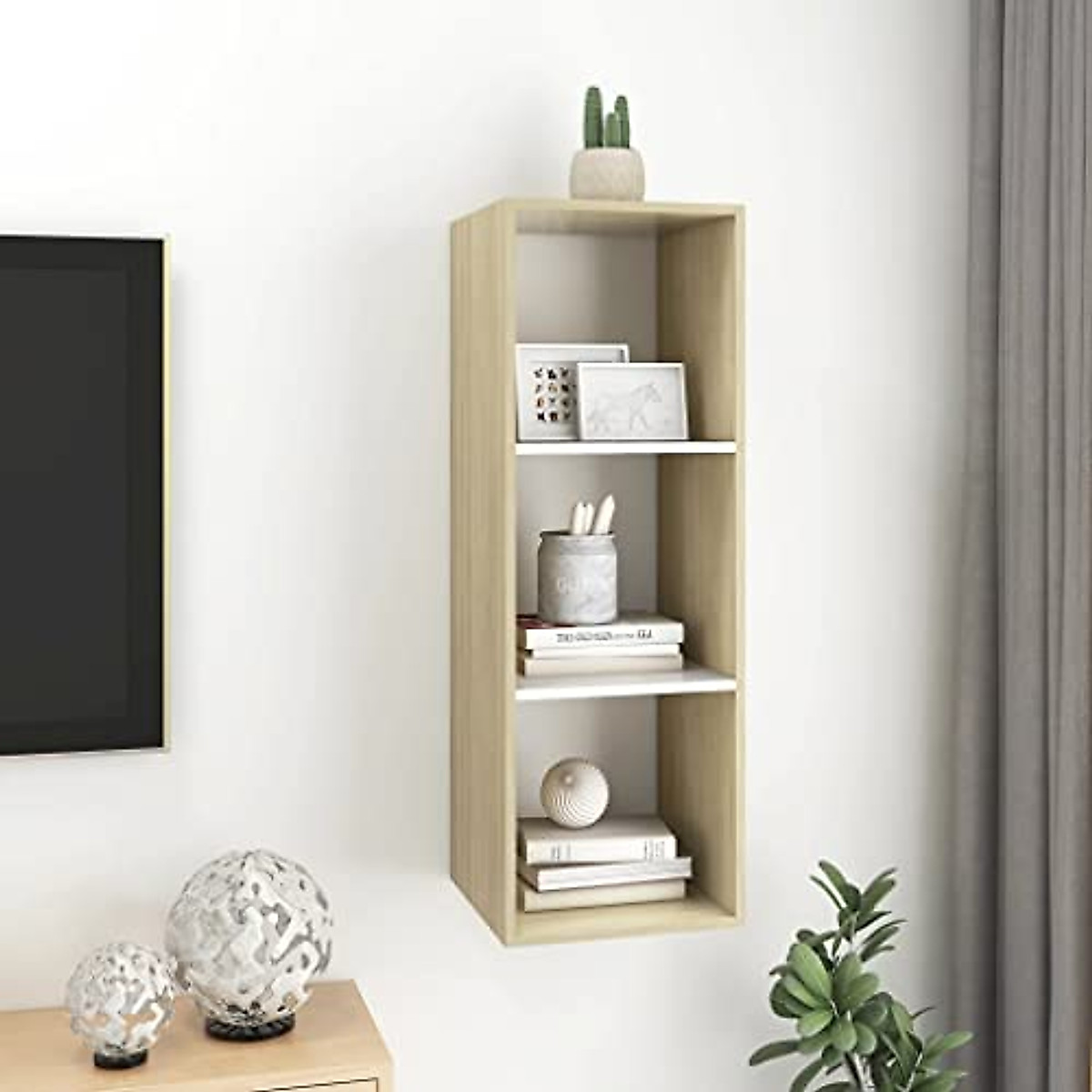 Bedroom, living room storage unit,Modern entertainment center media rack,Suitable for living room, bedroom, office, etc.Wall-mounted TV Cabinet Sonoma Oak and White 14.6"x14.6"x42.1" Chipboard