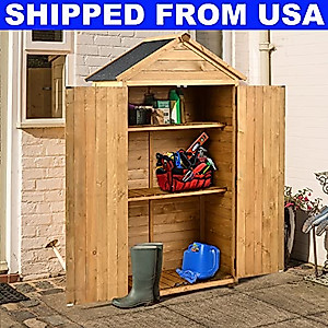 DANGRUUT Upgraded Version Thicken Solid Wood Outside Storage Sheds, Garden Wooden Arrow Shed, Fir Wood Tool Lockers with Waterproof Asphalt Roof, Workstation, 3-Tier Shelves for Backyard (Natural)