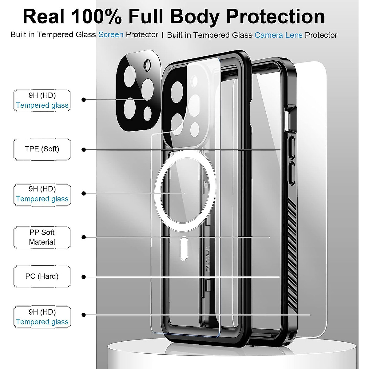 Temdan for iPhone 13 Pro Max Case Waterproof,Built-in 9H Tempered Glass Screen Protector [Real 360][IP68 Underwater][Military-Grade Protection][Dustproof][Compatible with MagSafe] - Clear/Black