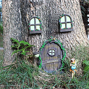 CALIDAKA 3pcs Miniature Fairy Gnome Home Window and Door Lamp for Trees Decoration,Stone Shape Glow in Dark Fairies Sleeping Door and Windows for Yard Art Garden Noctilucence Sculpture