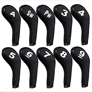 DBYAN 10pcs Number Tags Long Sleeve Golf Club Iron Covers Head Covers Set with Zipper for Irons Taylormade Ping Callaway Mizuno Cobra,Black