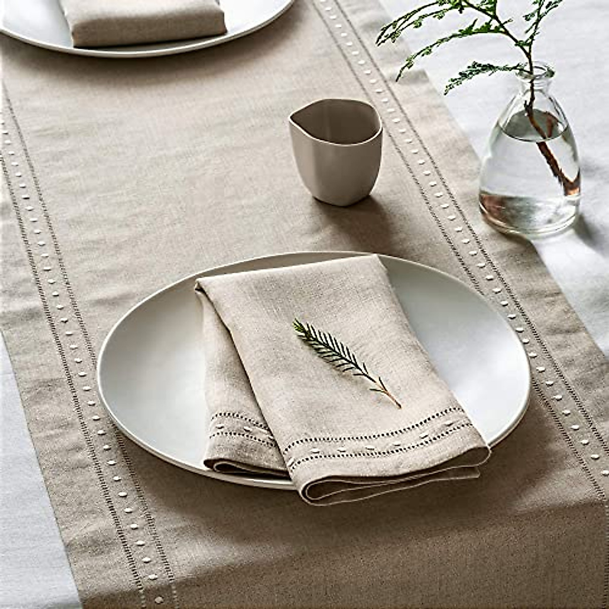 Linen Napkins - Natural 18 x 18 inch, Set of 4 Hemstitch Dinner Napkins Cloth with Embroidered Dot - Cloth Napkins from 100% French Flax, Natural Fabric