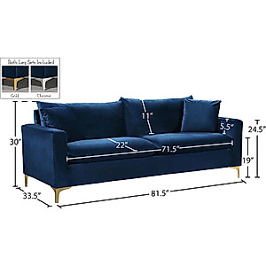 Meridian Furniture Naomi Collection Stainless 1 Modern | Contemporary Velvet Upholstered Sofa with Stainless Steel Base in a Rich Gold or Chrome Finish, Navy