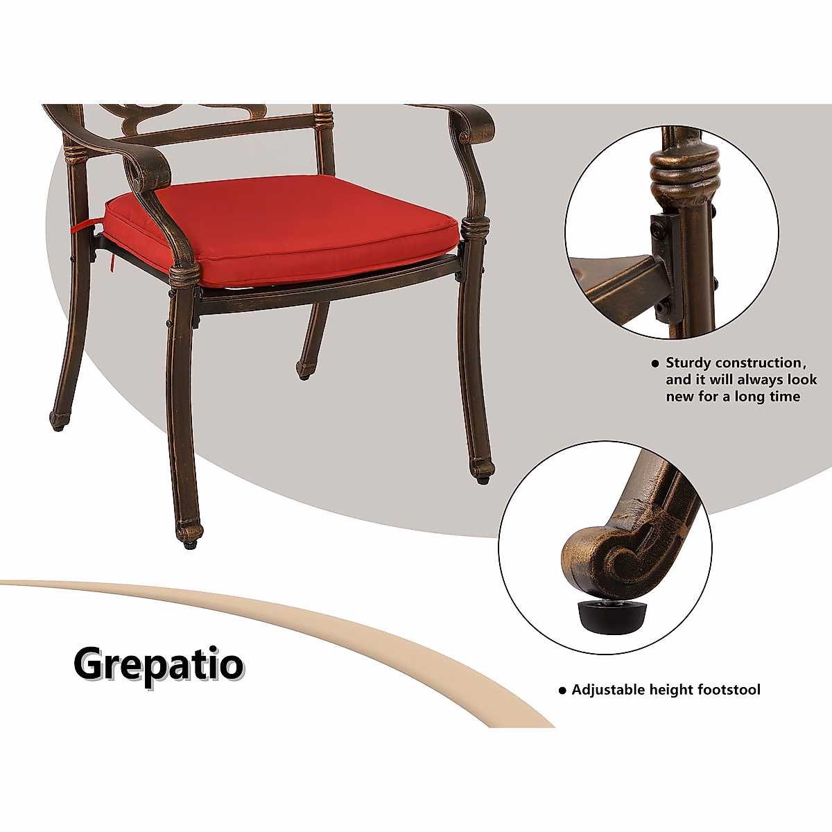 Grepatio 5 Piece Cast Aluminum Patio Dining Set Outdoor Furniture Set Patio Garden Set with 4 Ding Chairs, 4 Cushions and 35.4" Square Patio Table 2.4" Umbrella Hole, Antique Bronze (Red)