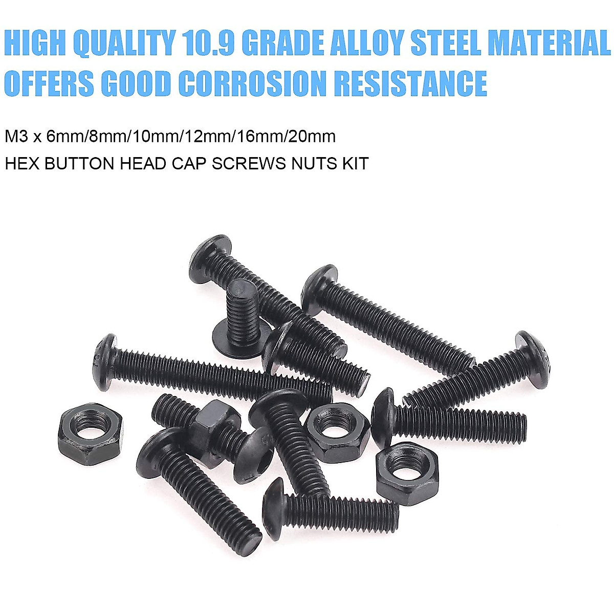 DYWISHKEY 360 Pieces M3 x 6mm/8mm/10mm/12mm/16mm/20mm, 10.9 Grade Alloy Steel Hex Button Head Cap Bolts Screws Nuts Kit with Hex Wrench