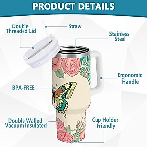 ODAWA 40oz Spill Proof Tumbler with Straw, Butterfly Pink Roses Vacuum Insulated Tumbler with Handle and Straw Lid