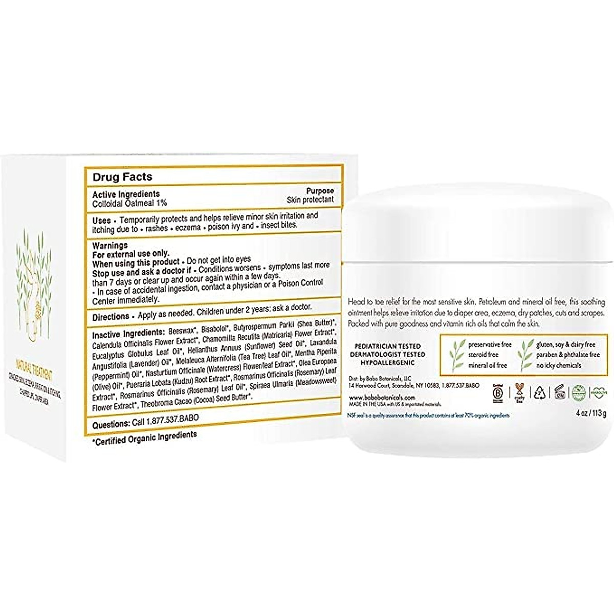 Babo Botanicals 70+% Organic Sensitive Baby All Natural Healing Ointment with Medical Grade Colloidal Oatmeal, Unscented 4 Ounce