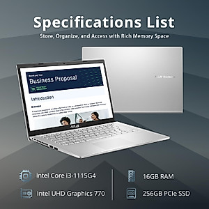 asus 2023 Vivobook 14/ HD Student Laptop, Intel Core i3-1115G4, 16GB RAM, 256GB PCIe SSD, Intel UHD Graphics, Webcam, WiFi 5, Bluetooth, Silver, Win 11, 32GB SnowBell USB Card