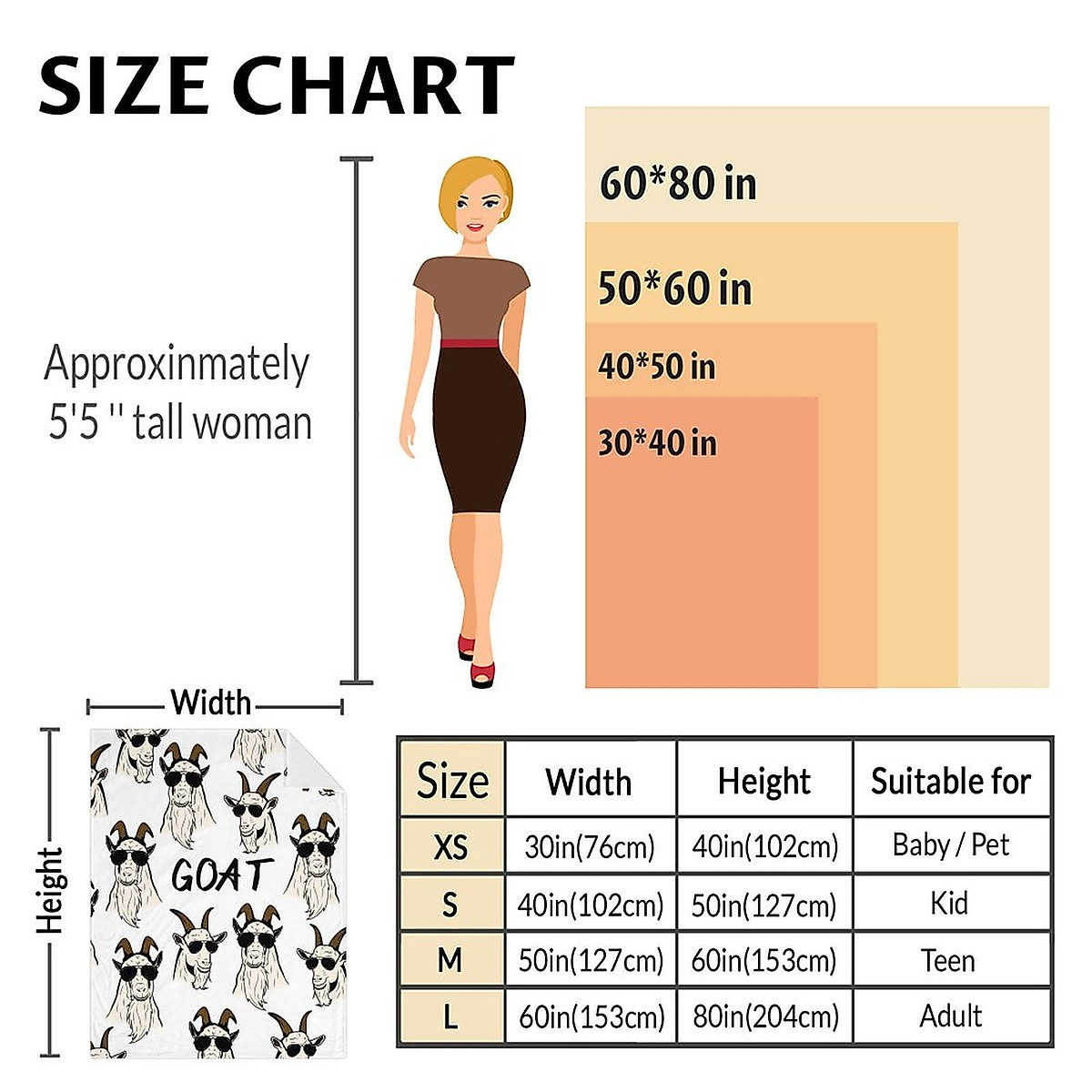 Goat Blanket for Girls - 60x80 Inches Twin Size - Soft Fuzzy Plush Throws Gift - White Funny Throw Blanket for Bed, Couch, Living Room