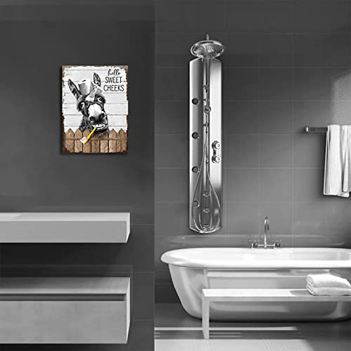 Farmhouse Bathroom Decor Wall Art Funny Donkey Bathroom Wall Art Donkey Bite Toothbrush Pictures for Wall Rustic Animal Canvas Print Framed Artwork for Washroom Bathroom Wall Decor 12x16 Inch