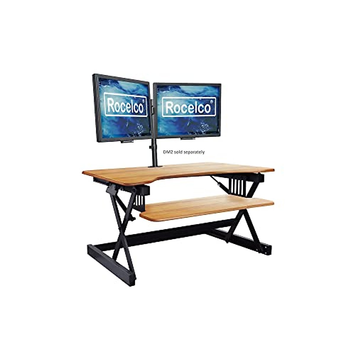 Rocelco 32" Height Adjustable Standing Desk Converter - Sit Stand Computer Workstation Riser - Dual Monitor Retractable Keyboard Tray Gas Spring Assist - Teak Wood Grain (R EADRT)