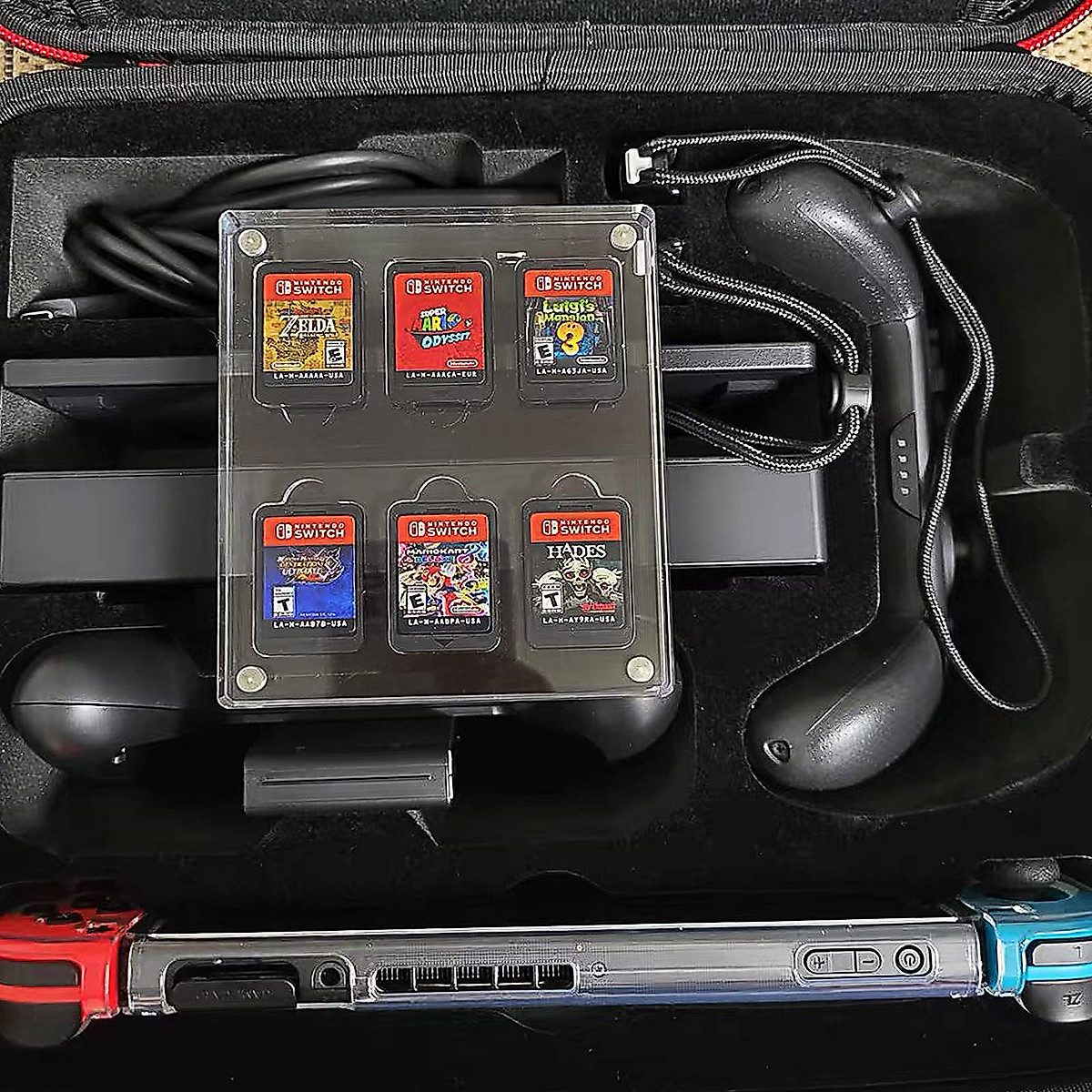 X-Richmen Game Card Case for Nintendo Switch Transparent Acrylic Game Storage Box Protective Shockproof Display Cabinet with 6 Slots Game Storage Box, Gift Mario Mushroom Red and Blue Thumb Grip 2PCS